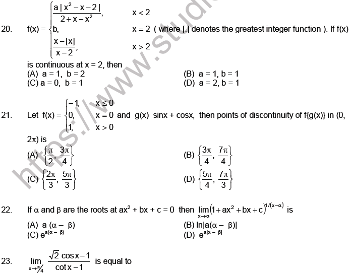 Jee Mathematics Limits Continuity And Differentiability Mcqs Set A With Answers